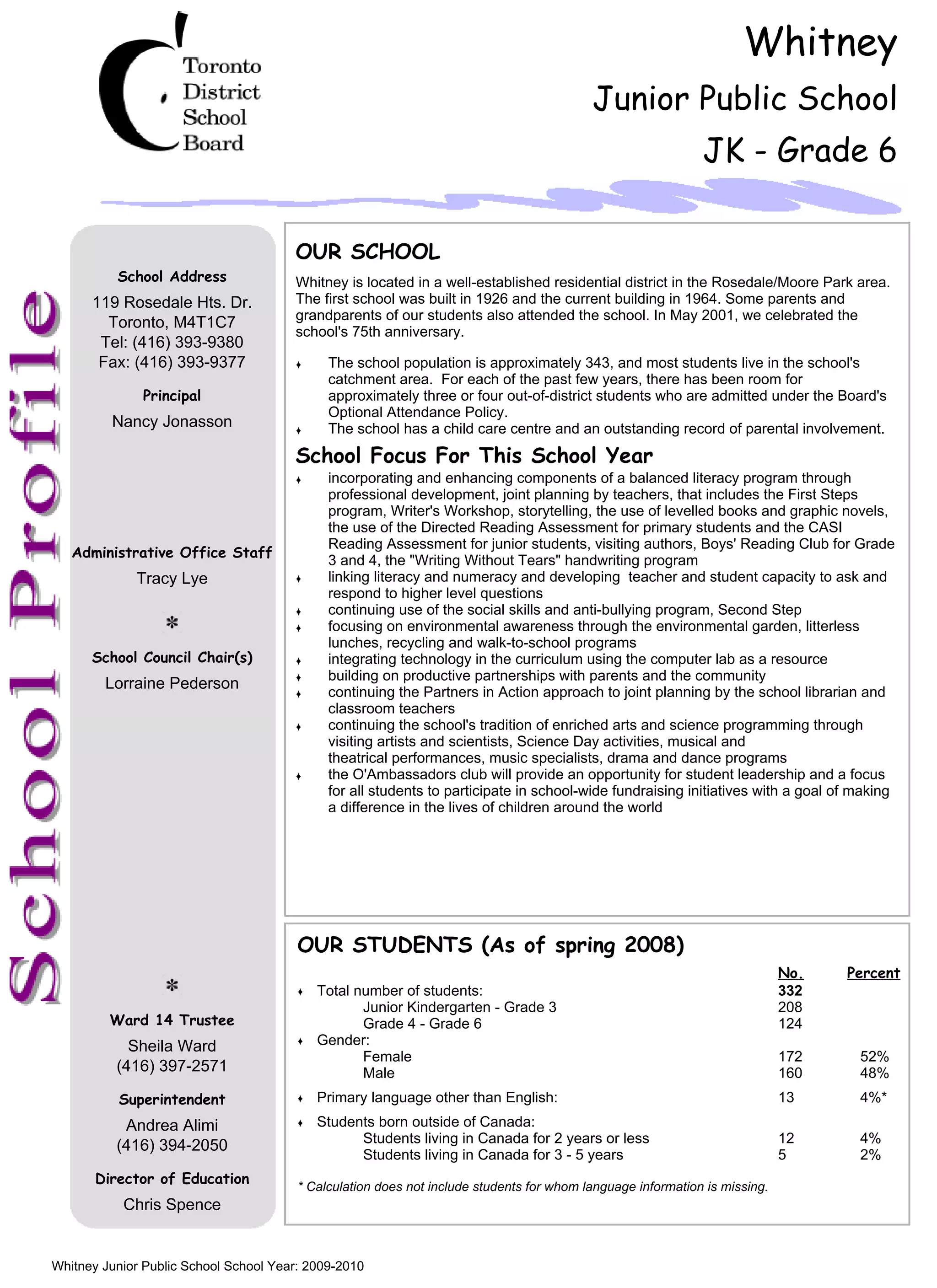 Whitney Junior Public School Gr JK - 6 Profile | PDF