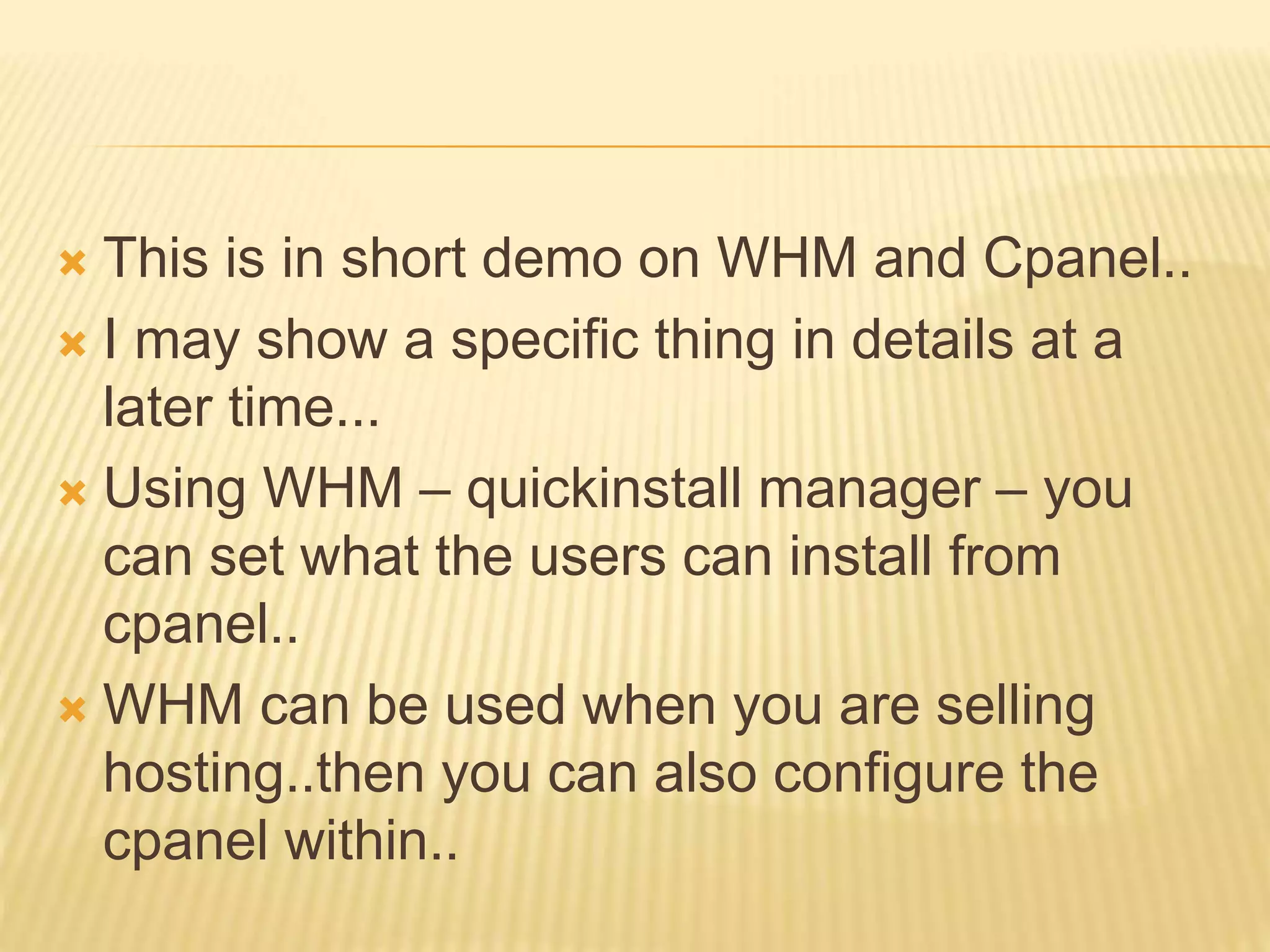 Whm and cpanel overview hosting control panel overview | PPTX | Web Hosting | Internet