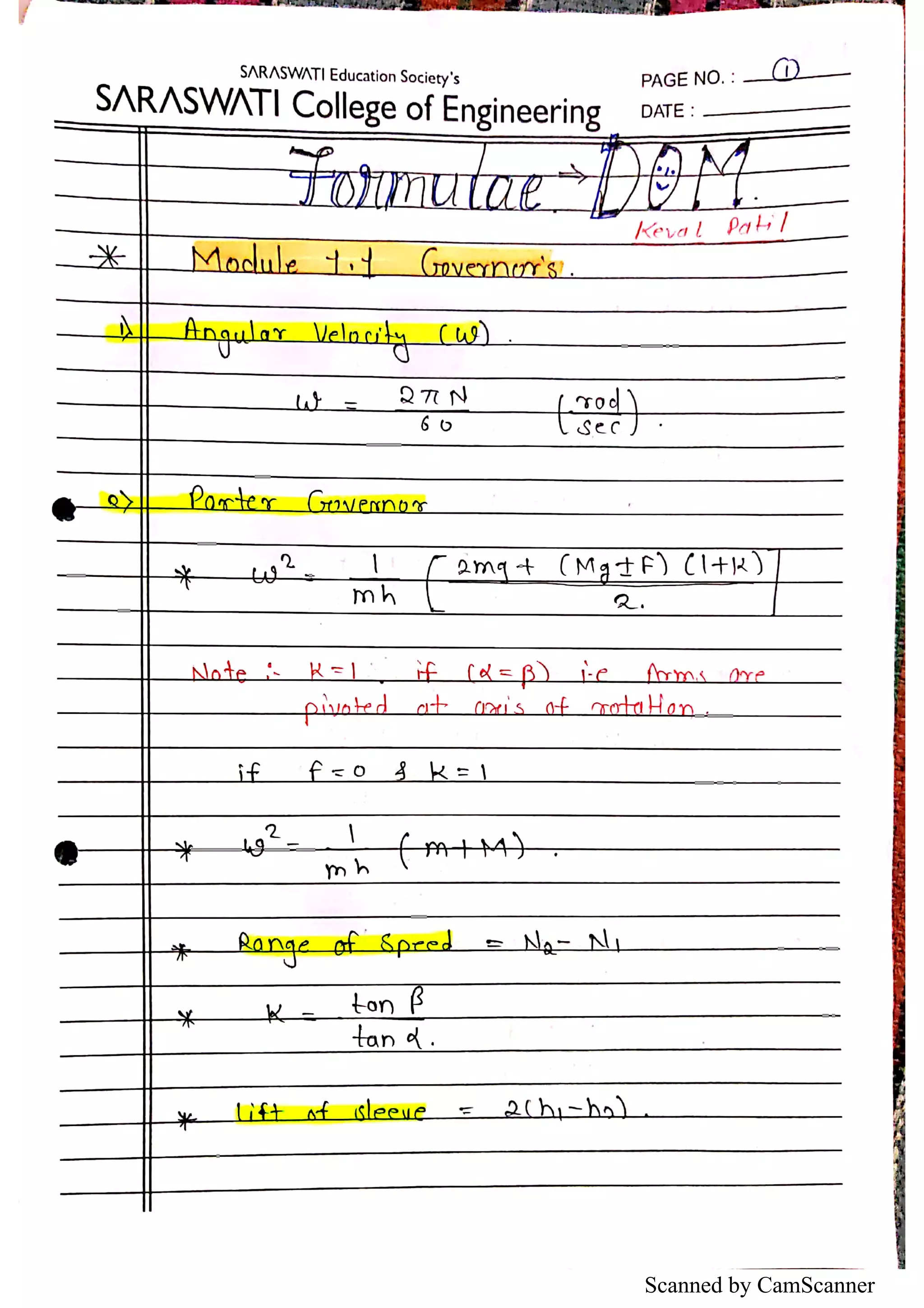 Dynamics of Machinery formulas | PDF