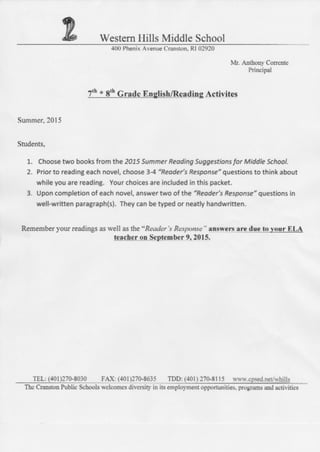 Whms 7th & 8th grade reading activities | PDF