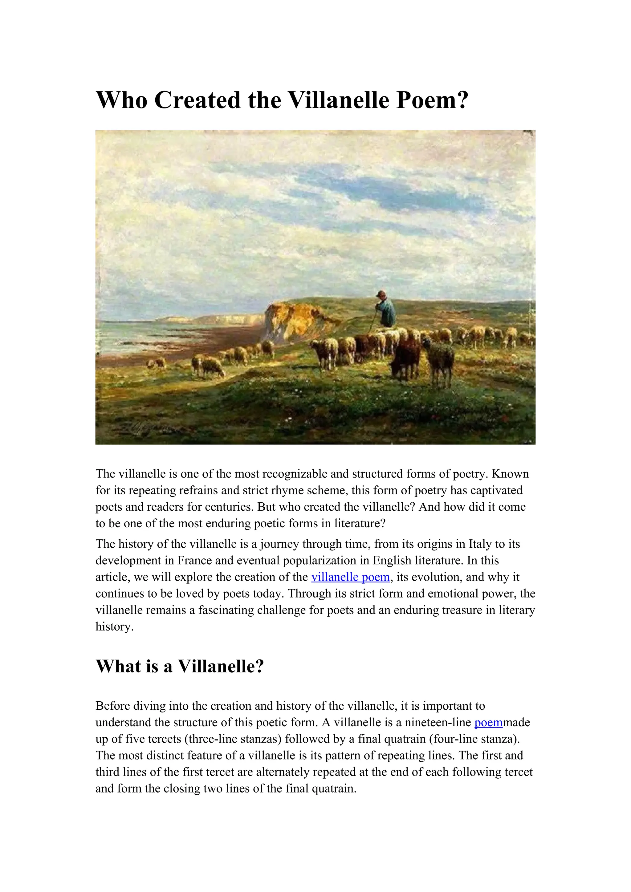 Who Created the Villanelle PoemThe villanelle is one of the most ...