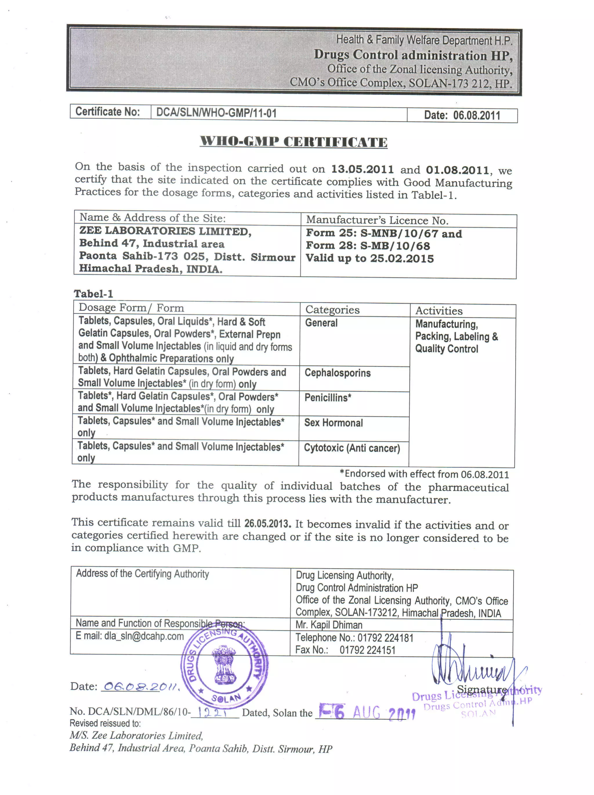 Who Gmp Certificate Zee Ltd. | PDF