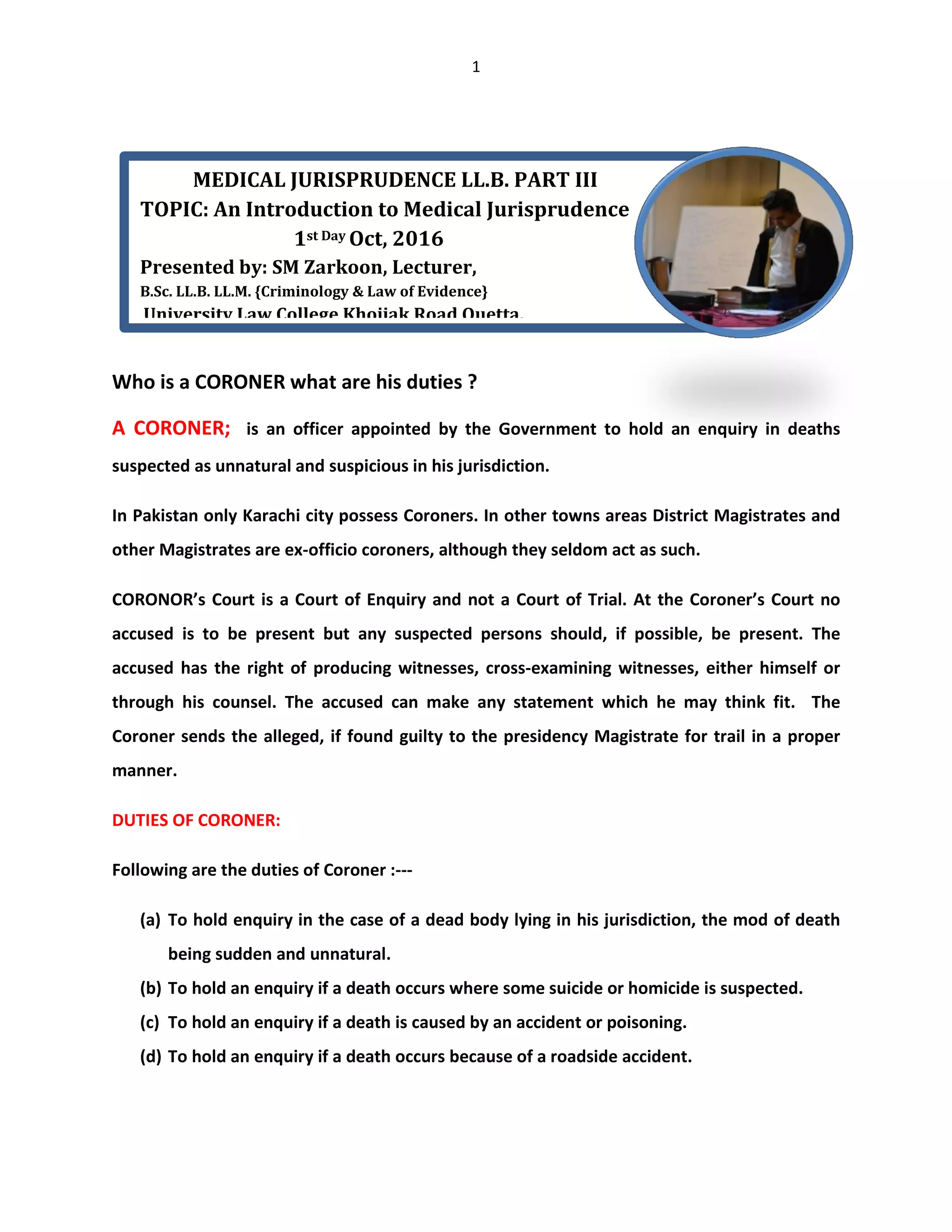 Who is a coroner and his duties | PDF