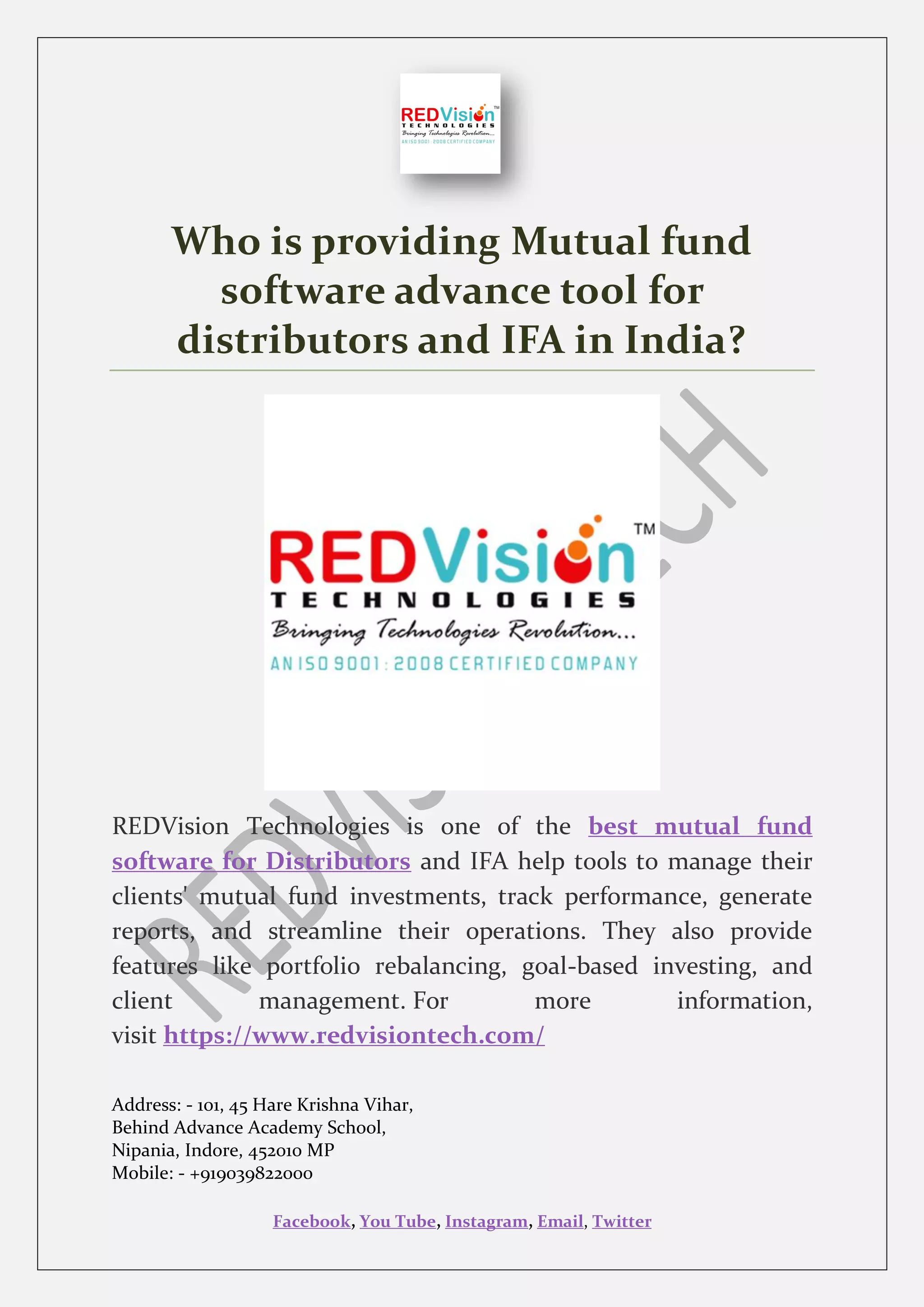 Who is providing Mutual fund software advance tool for distributors and ...