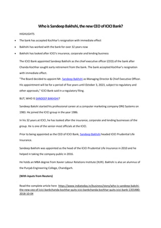 Who is Sandeep Bakhshi, the new CEO of ICICI Bank? | PDF