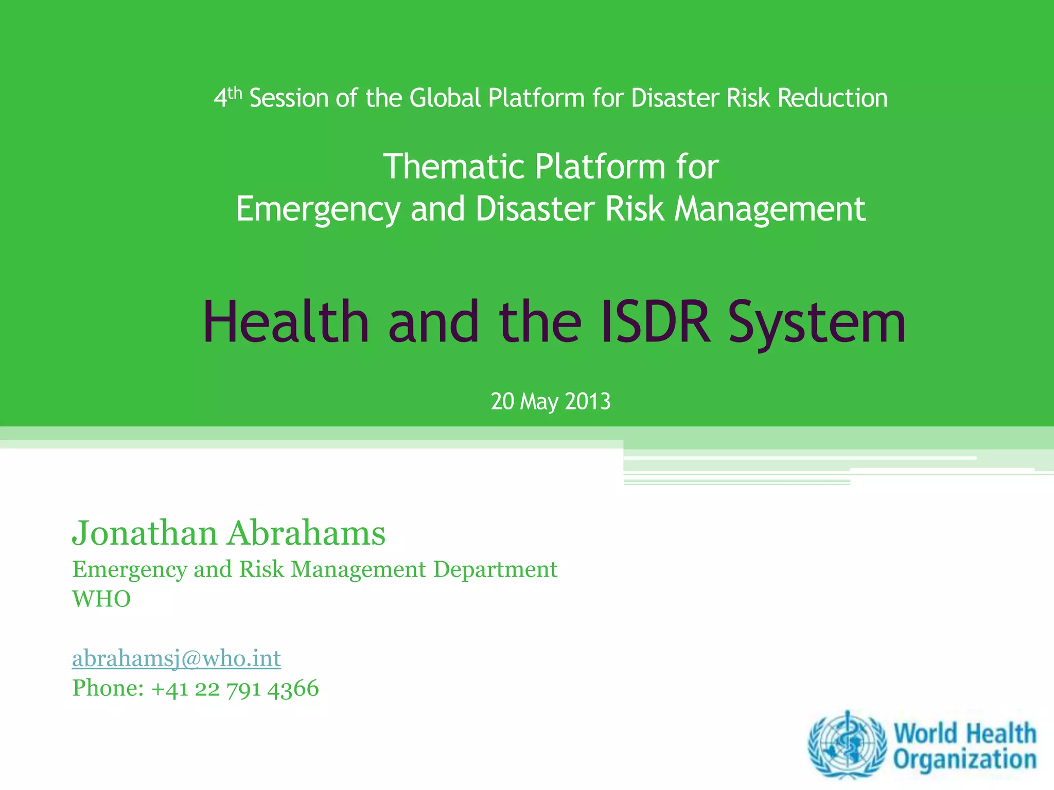Thematic Platform for Emergency and Disaster Risk Management Health and ...
