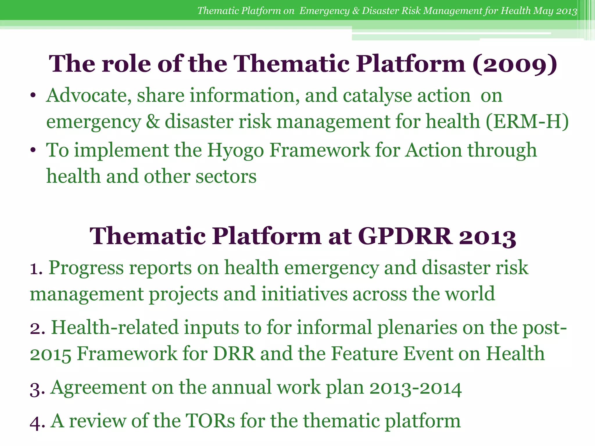 Thematic Platform for Emergency and Disaster Risk Management Health and ...