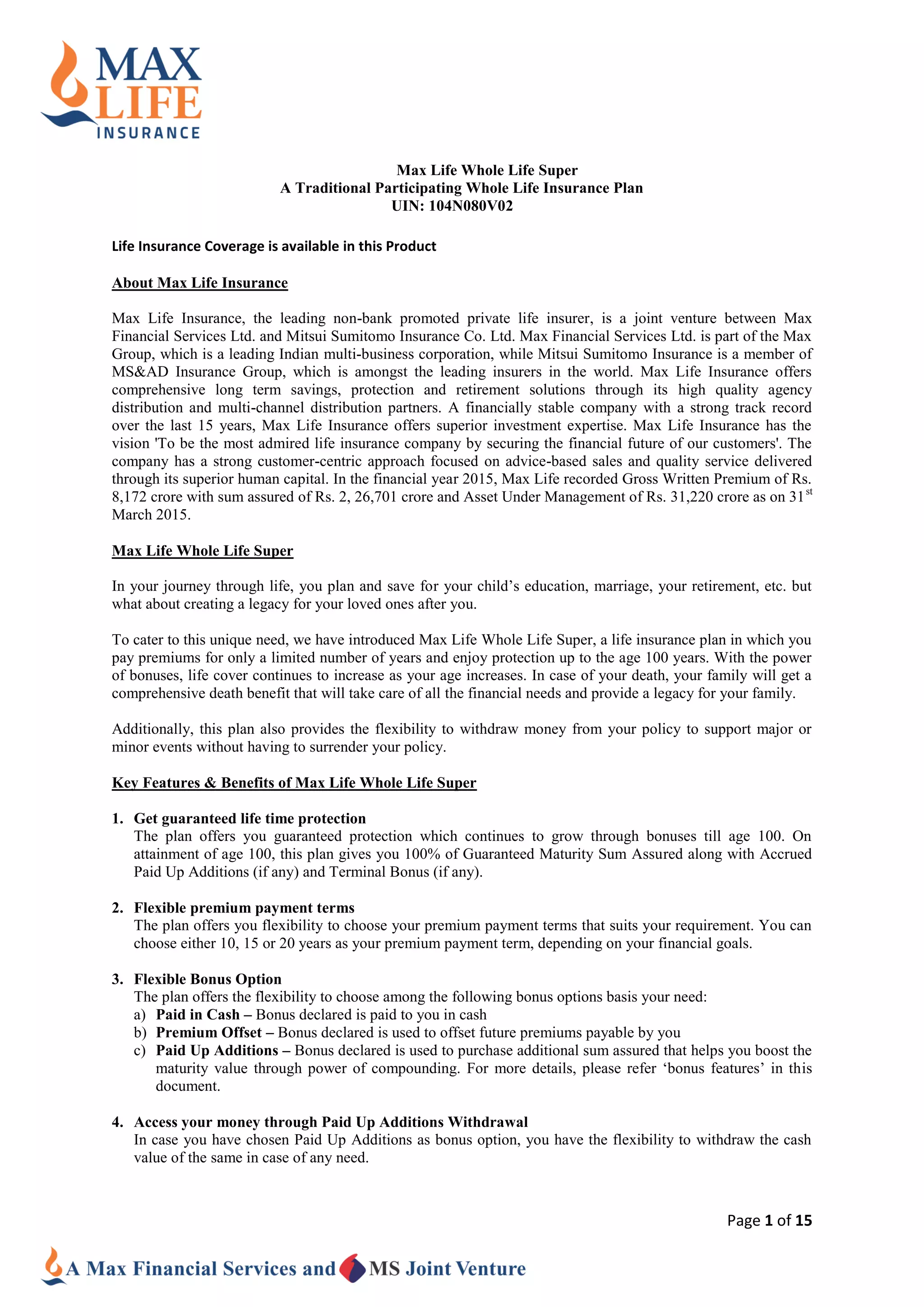 Whole Life Super Brochure - Maxlife Insurance | PDF
