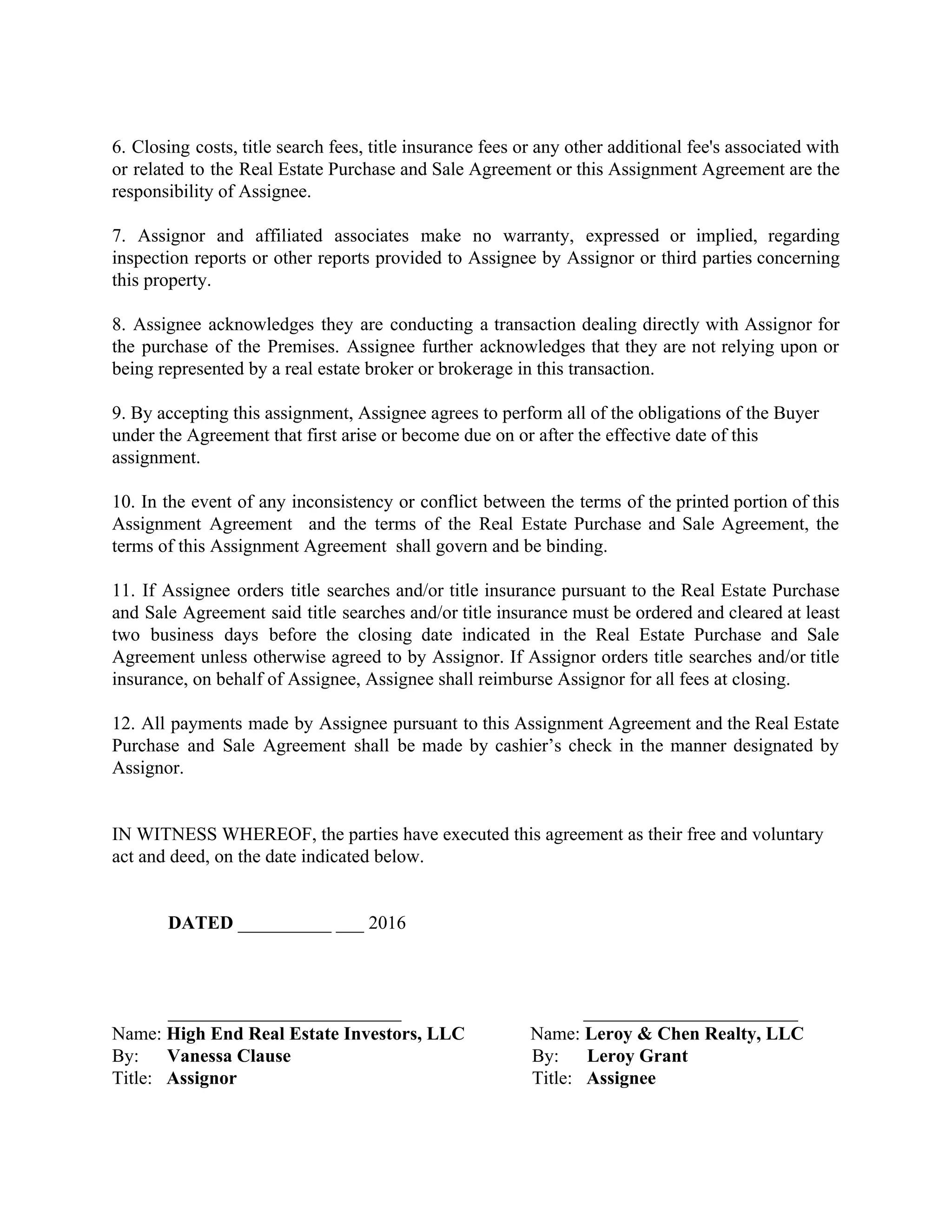 Wholesaler real estate assigment agreement | PDF