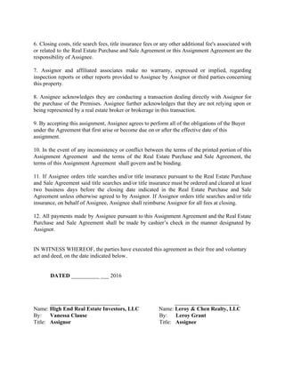 Wholesaler real estate assigment agreement | PDF
