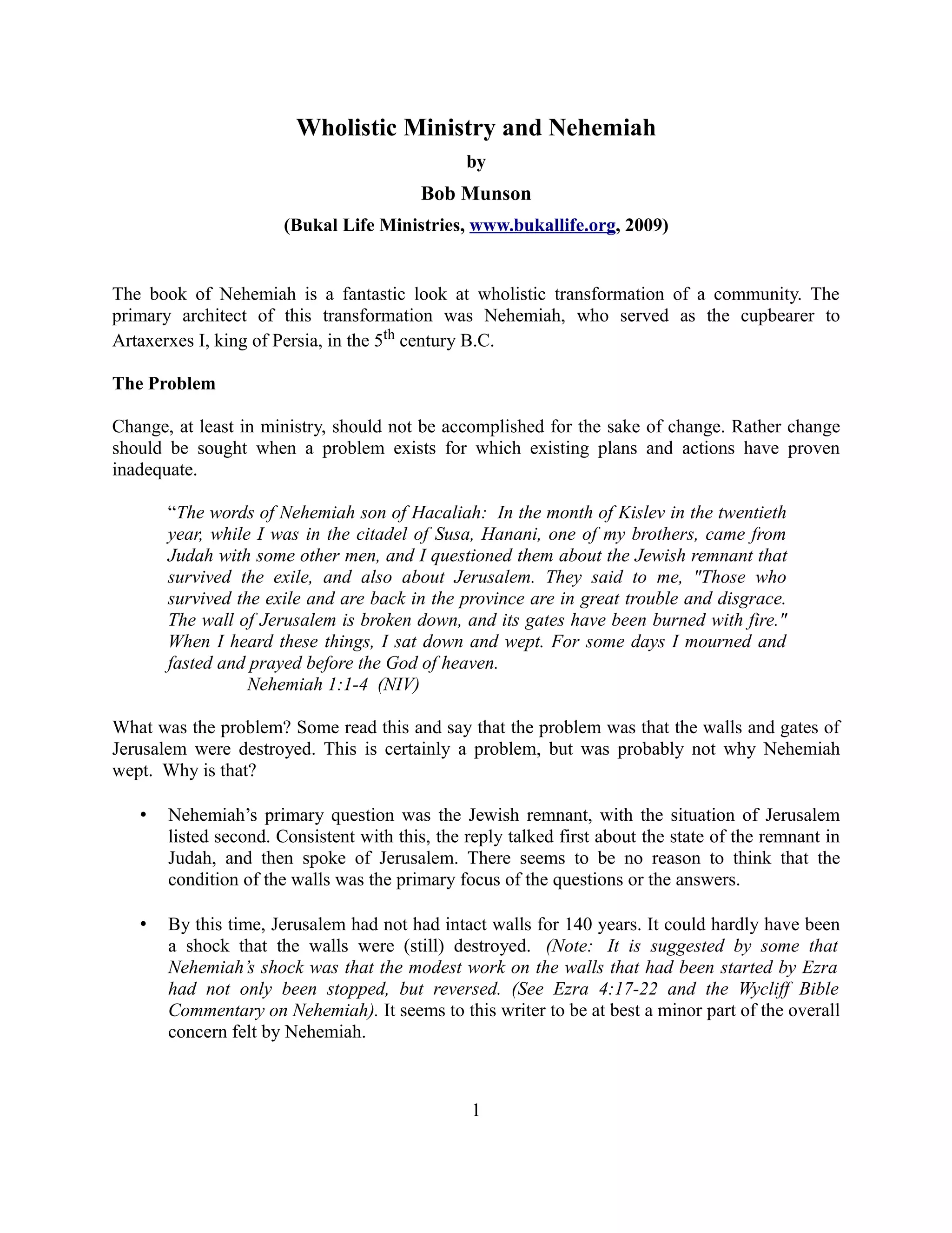 Wholistic Ministry and Nehemiah | PDF