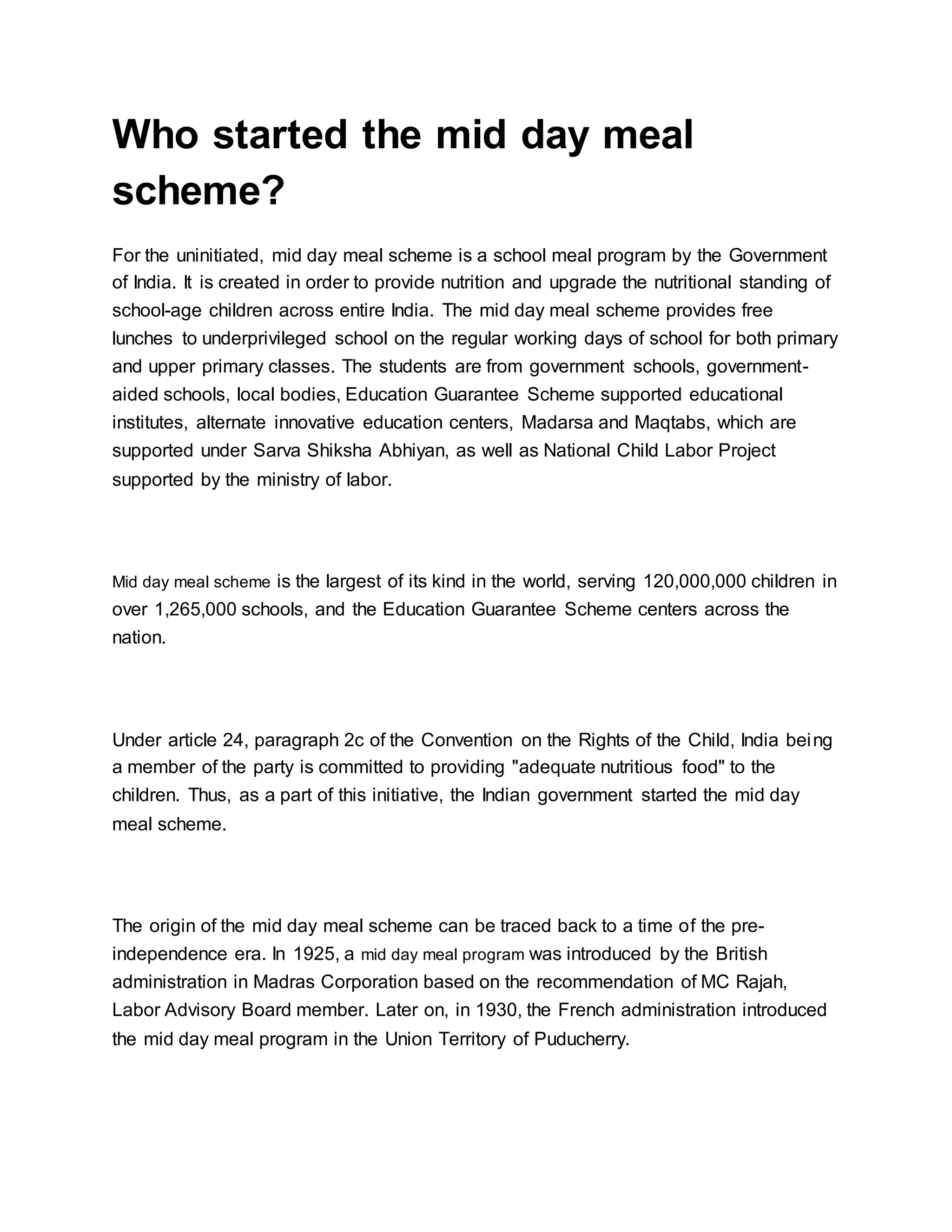 Who started the mid day meal scheme | DOCX
