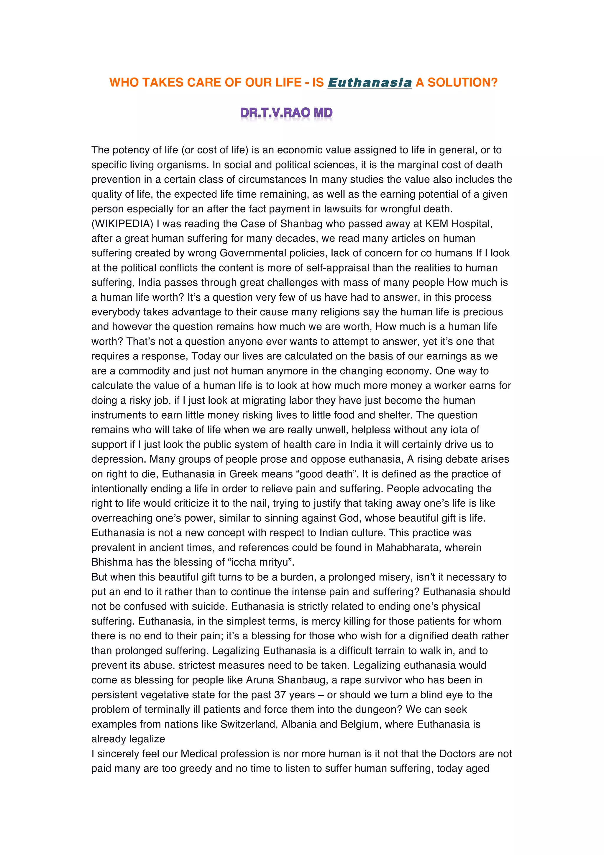 WHO TAKES CARE OF OUR LIFE - IS Euthanasia A SOLUTION? | PDF