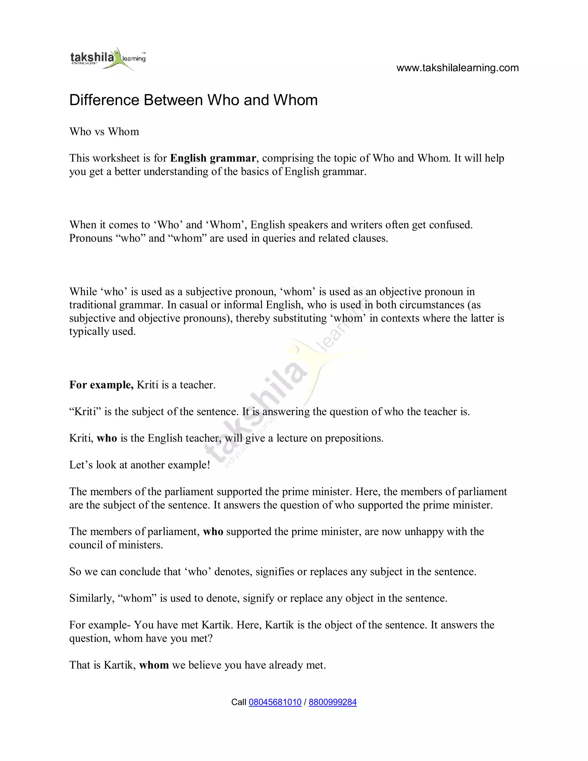Who vs Whom - How to Use Who and Whom - English Grammar | PDF