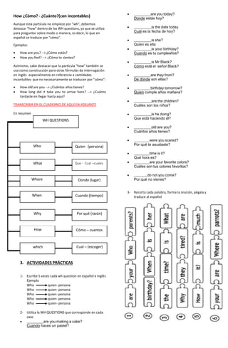 WH QUESTIONS.pdf. Recurso didáctico para mejorar tu nivel de ingles. | PDF