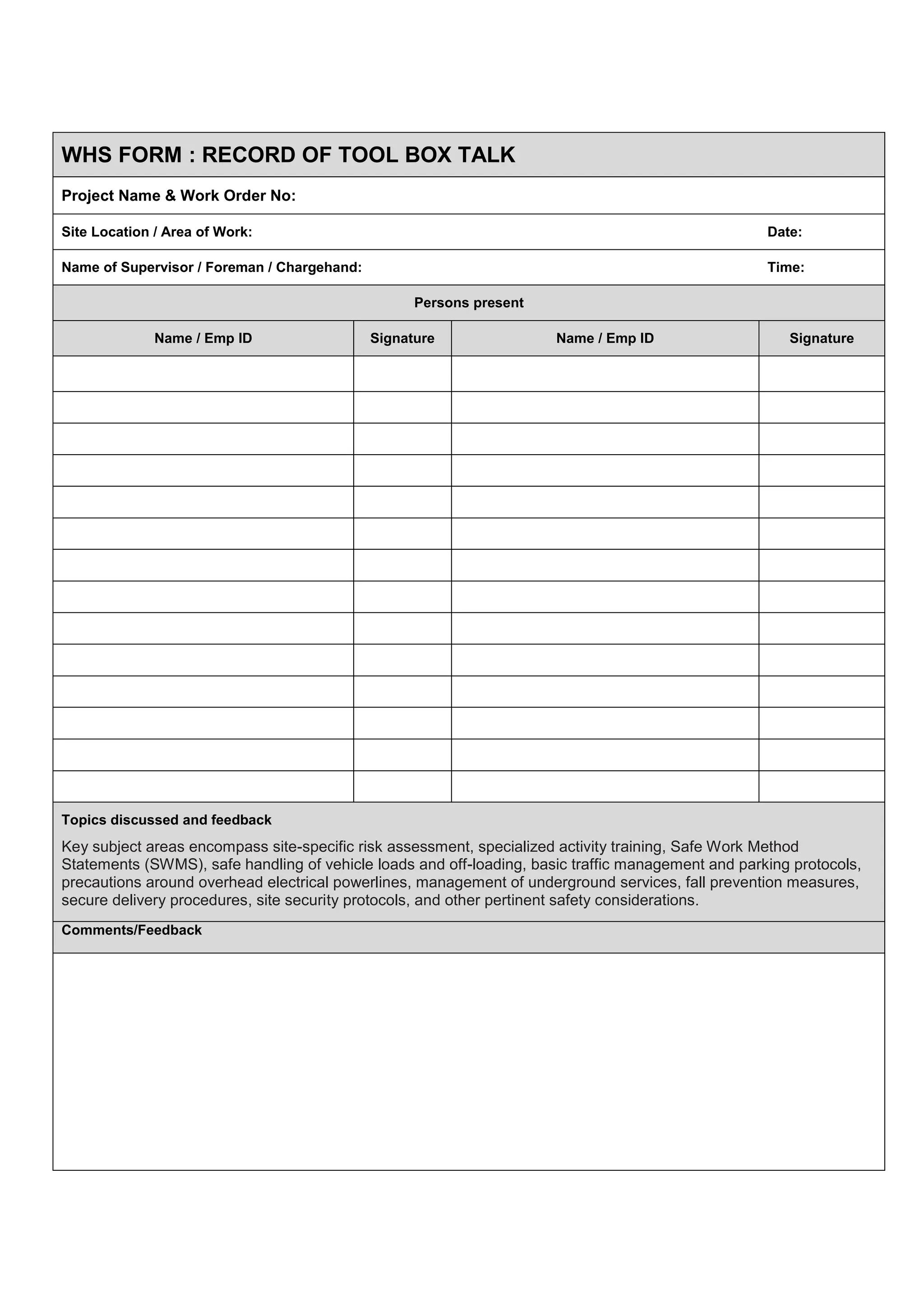 Work Health Safety Formwork Health Safety Form Pdf