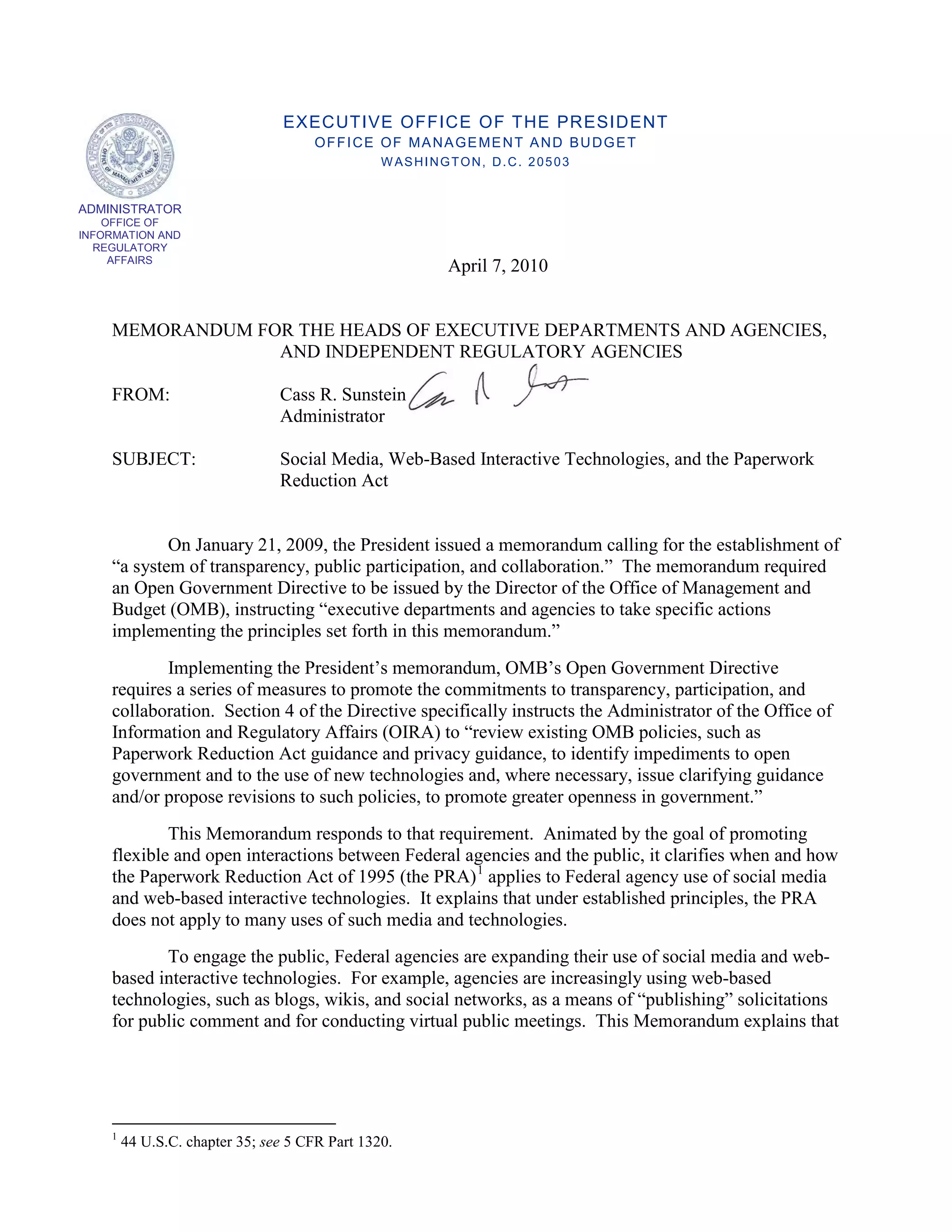 Presidential Memo - Social Media and the Paperwork Reduction Act | PDF