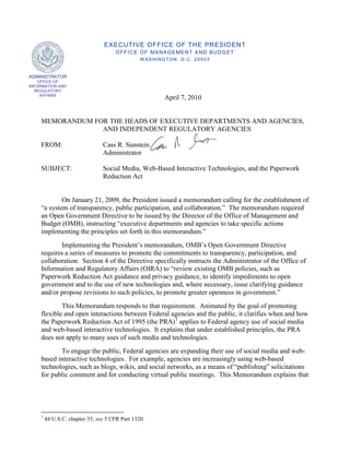 Presidential Memo - Social Media and the Paperwork Reduction Act | PDF