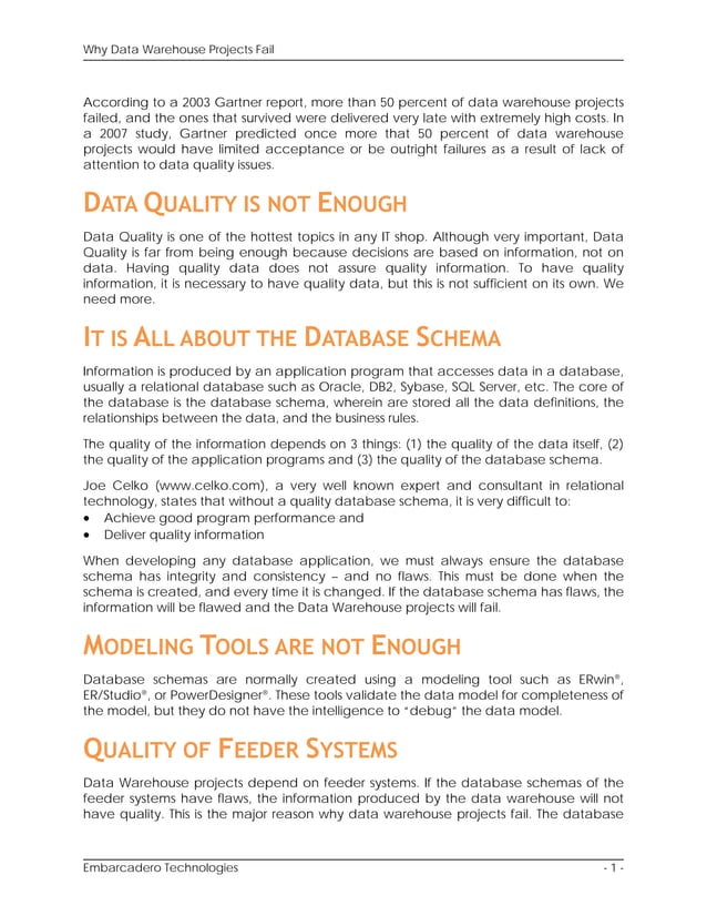 Database Management | Why Data Warehouse Projects Fail | PDF