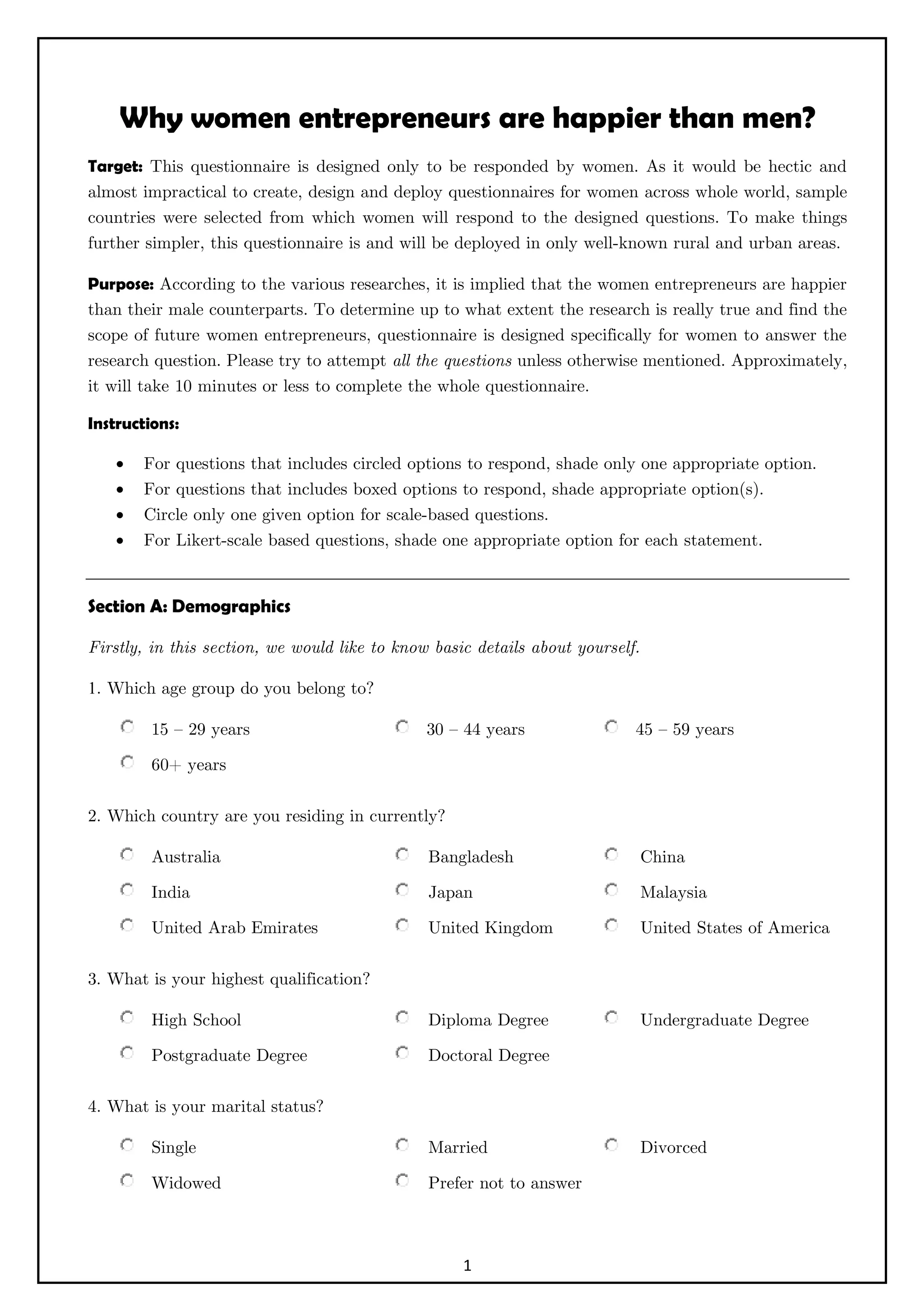 Questionnaire - Why women entrepreneurs are happier than men? | PDF