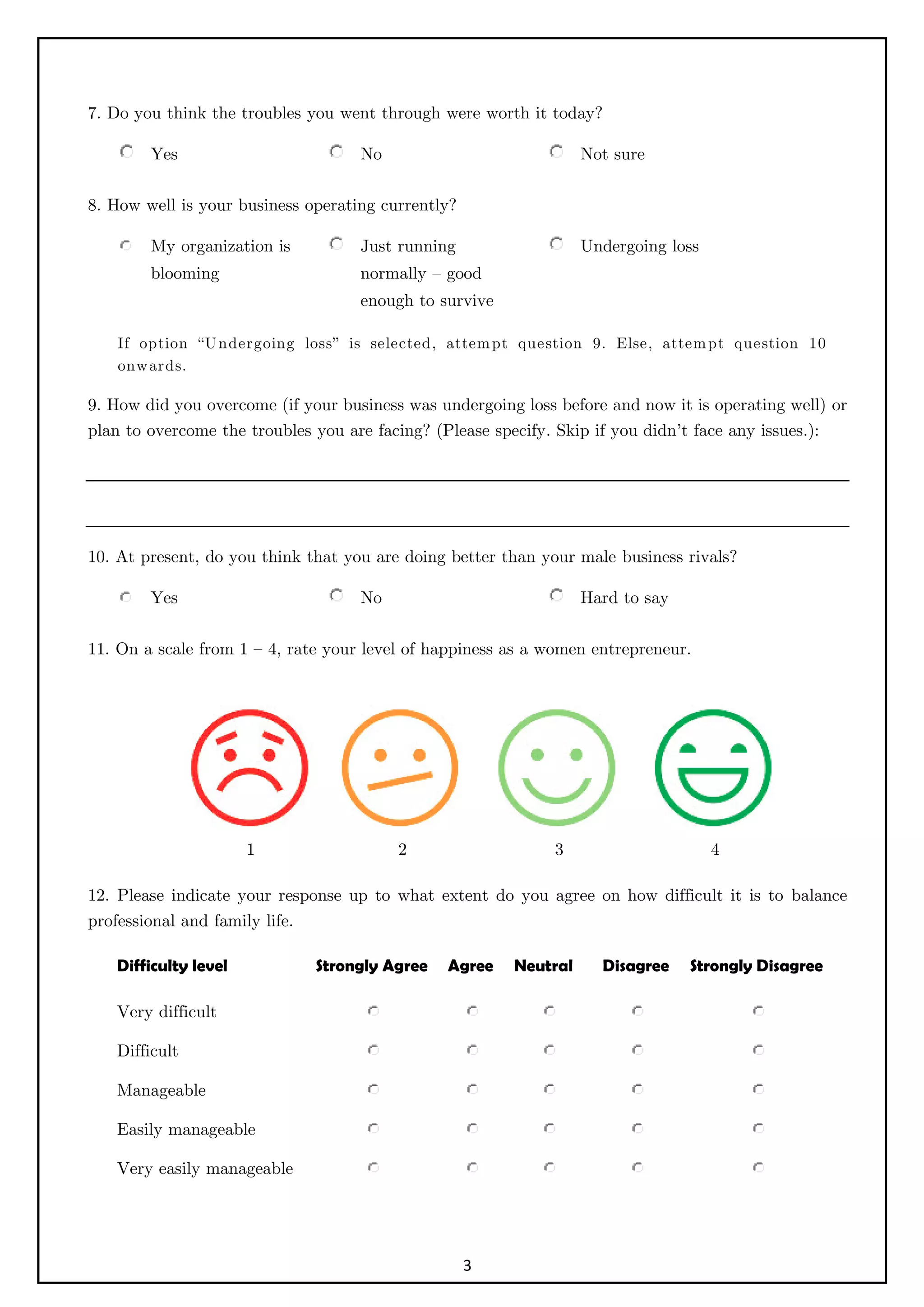 Questionnaire - Why women entrepreneurs are happier than men? | PDF
