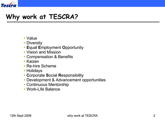 Why Work At TESCRA ? | PPT | Business | Business and Finance