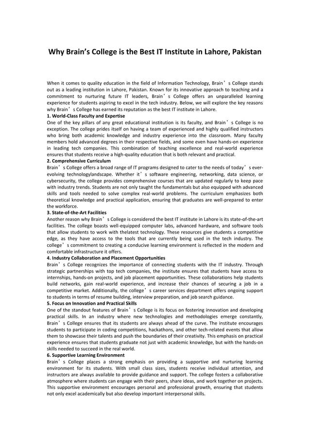 Why Brain’s College is the Best IT Institute in Lahore, Pakistan.pdf