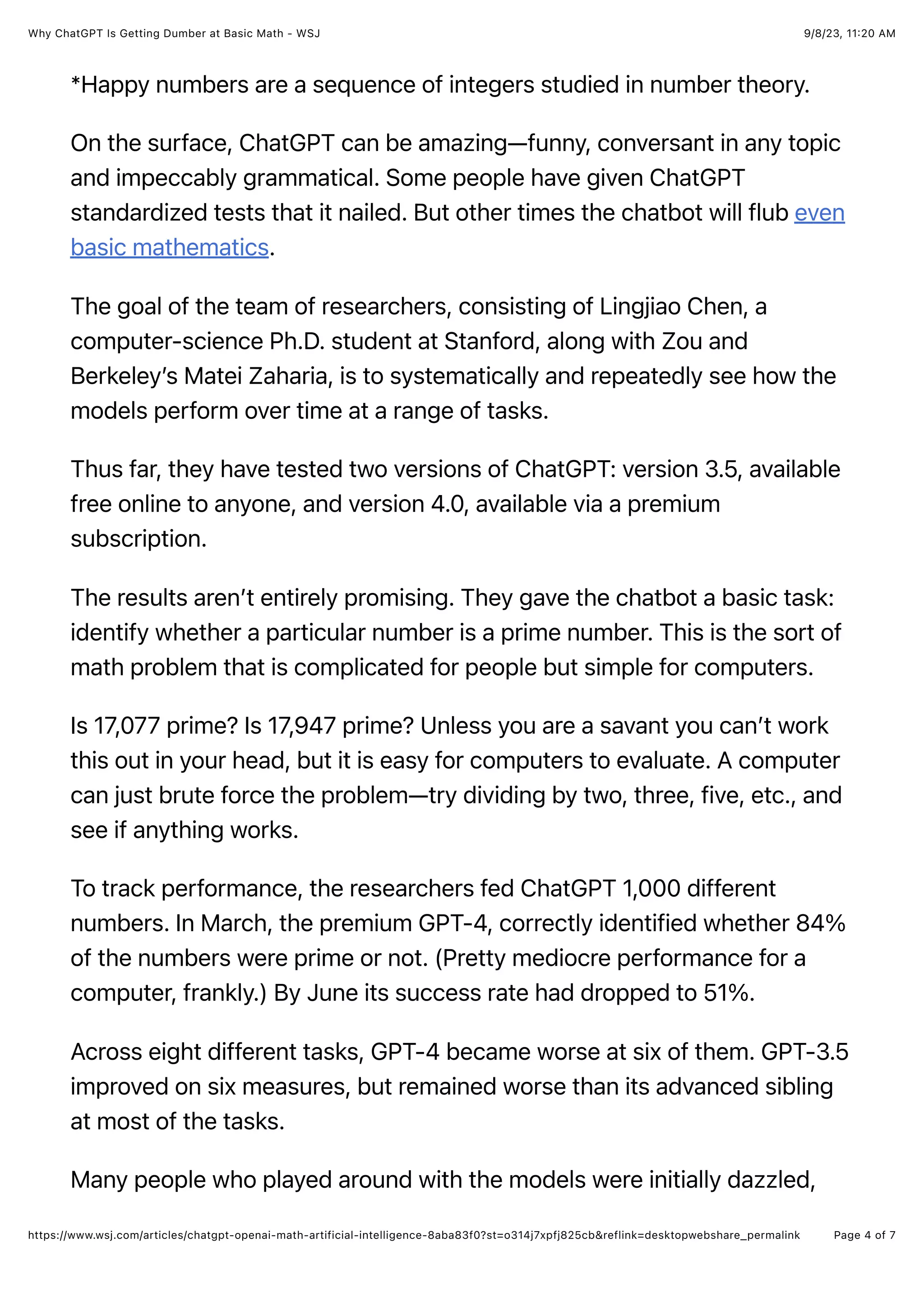 Why ChatGPT Is Getting Dumber at Basic Math | PDF