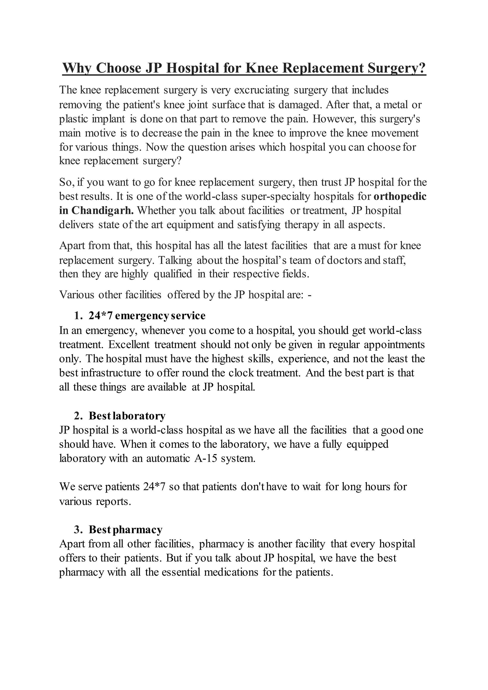 Why choose jp hospital for knee replacement surgery | DOCX