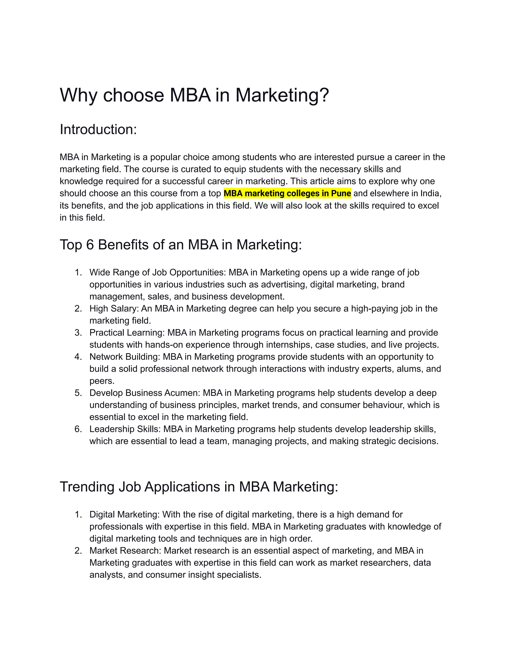 Why choose MBA in Marketing? | PDF