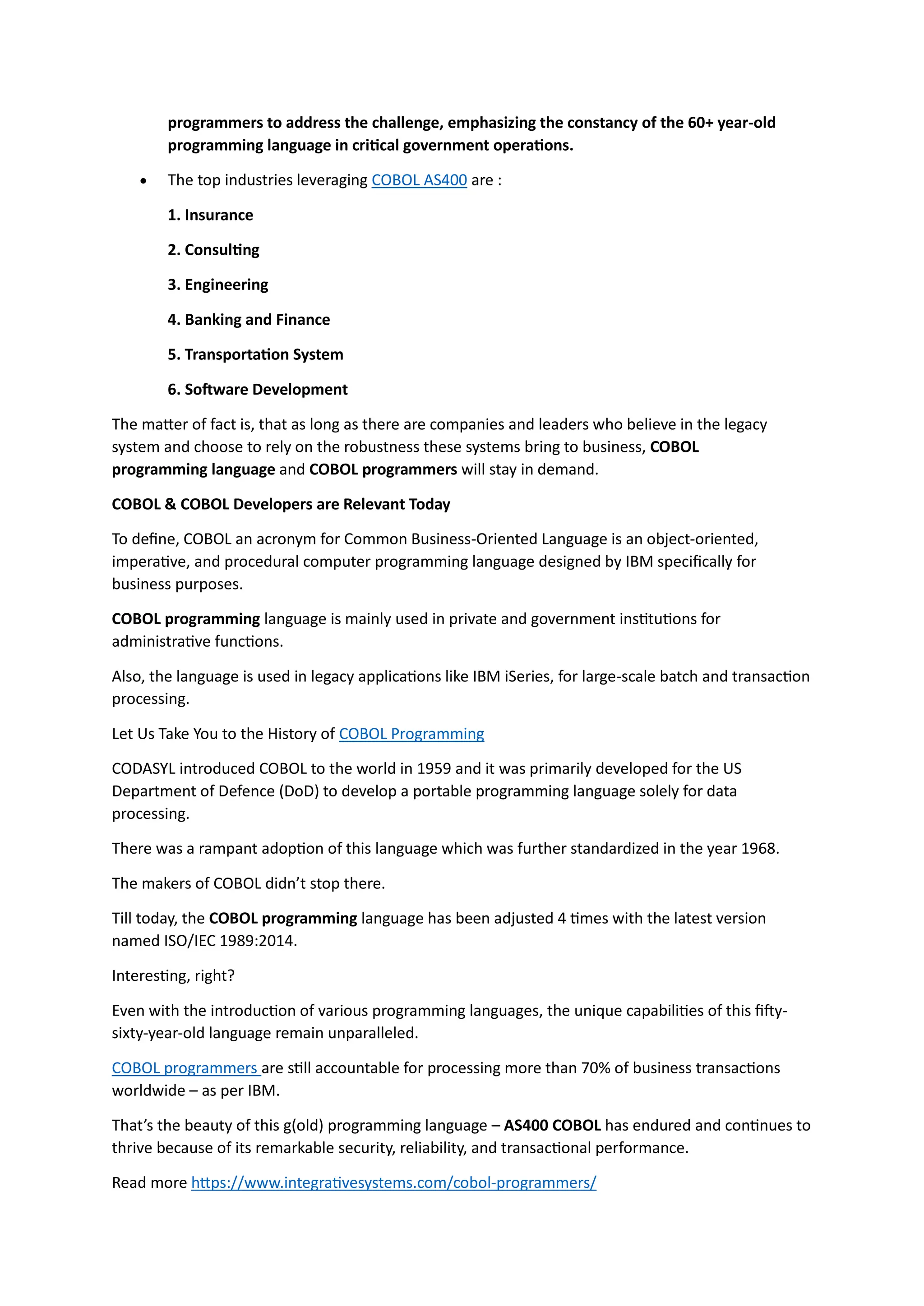 COBOL Programmers for Modern Business Solutions | Integrative Systems | PDF