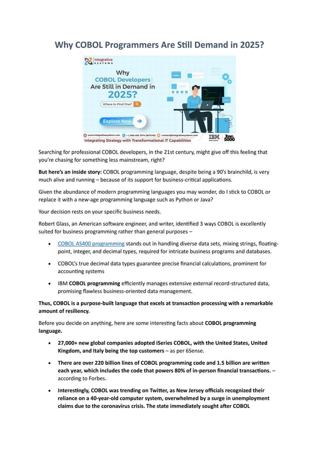 COBOL Programmers for Modern Business Solutions | Integrative Systems | PDF