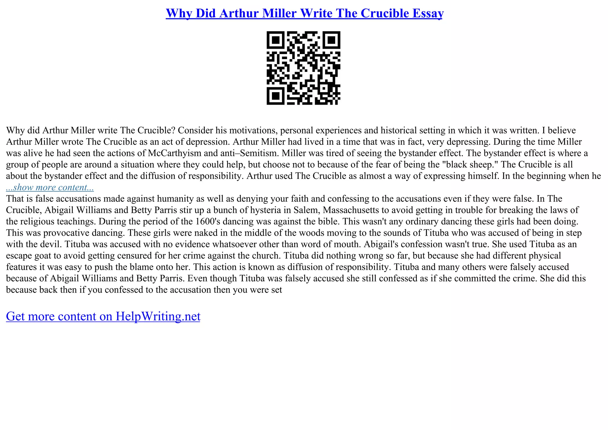 Why Did Arthur Miller Write The Crucible Essay | PPT