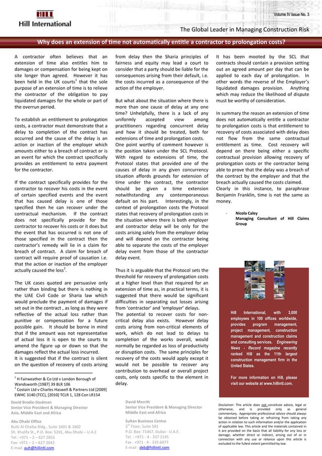 Why does an eot not automatically entitle a contractor to prolongation costs vol. iv issue no.3 ...