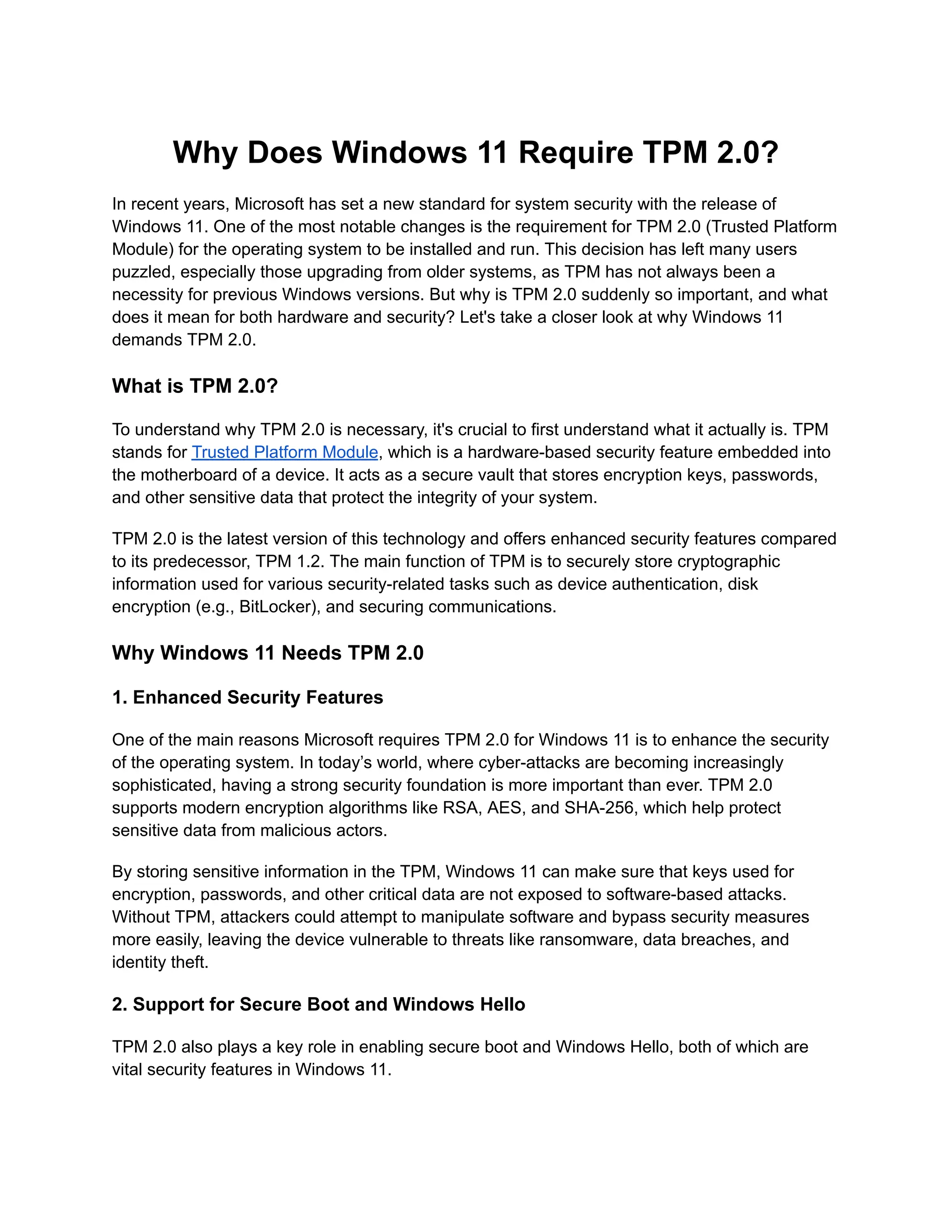 Windows 11 requires TPM for enhanced security enabling | PDF