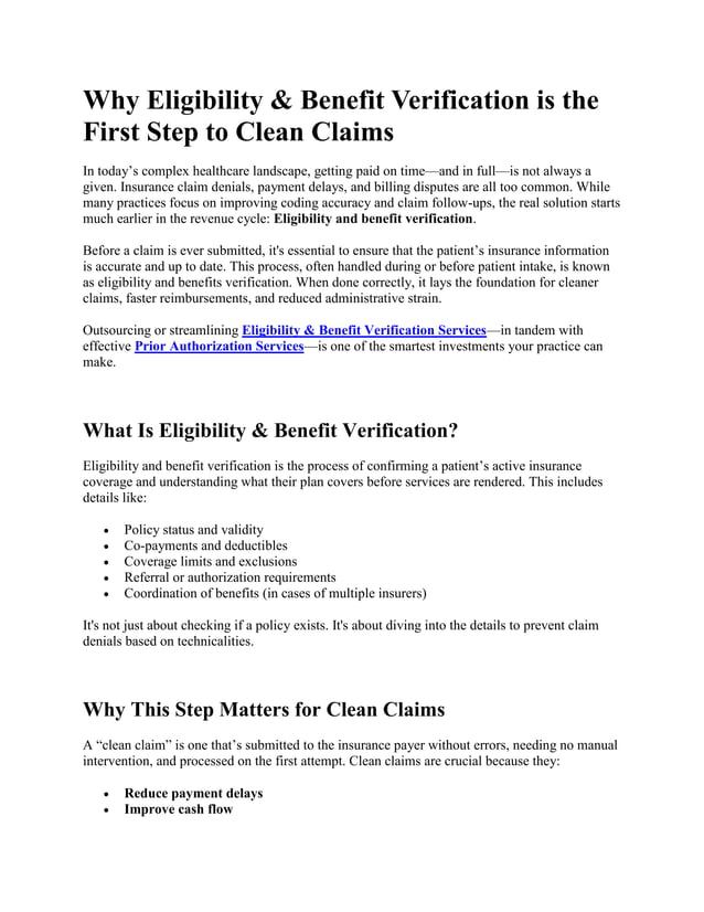 Why Eligibility & Benefit Verification is the First Step to Clean ...