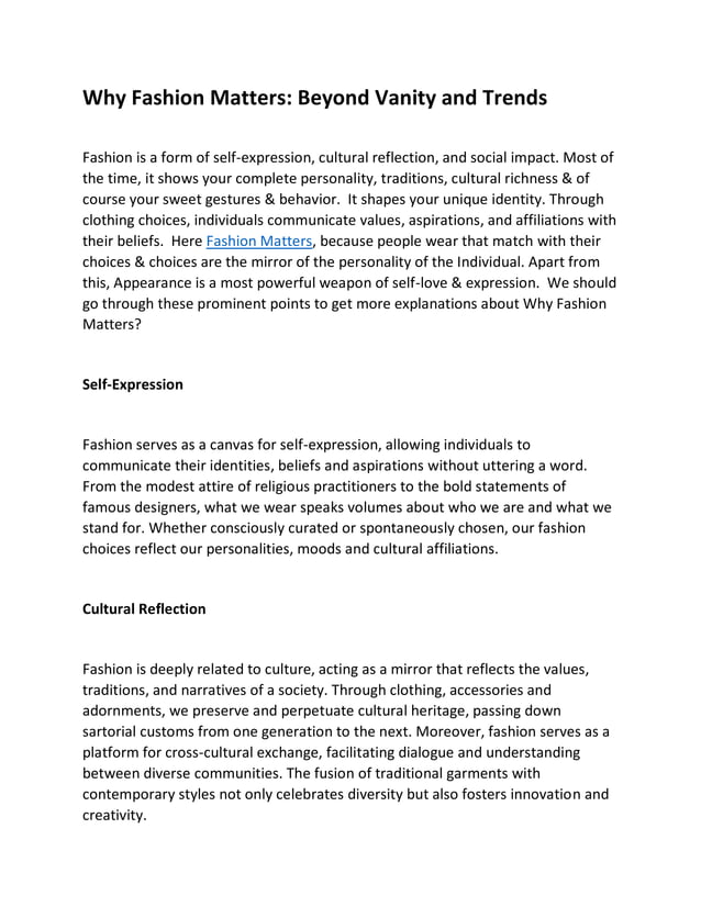 Why Fashion Matters: Beyond Vanity and Trends | PDF | Fashion Trends | Style & Fashion