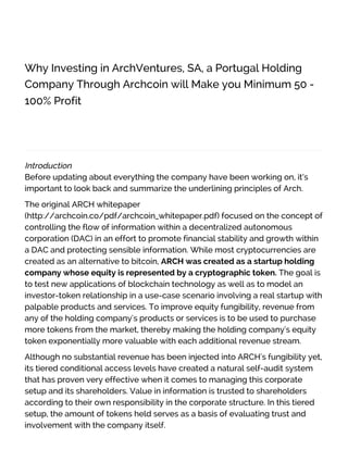 Why Investing in ArchVentures, SA, a Portugal Holding Company Through ...