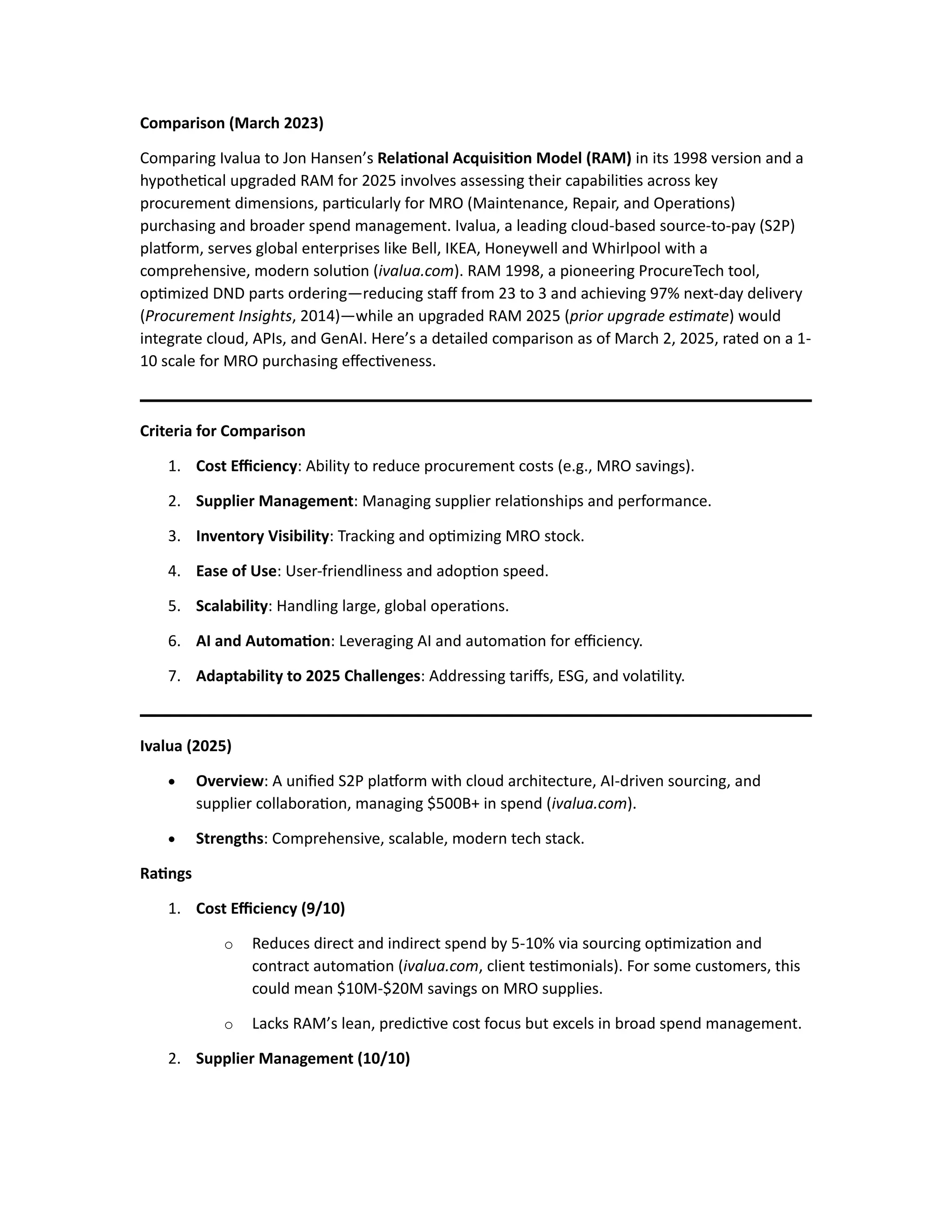 Why Ivalua: A Relational Acquisition Model (RAM 2025) Comparison | PDF