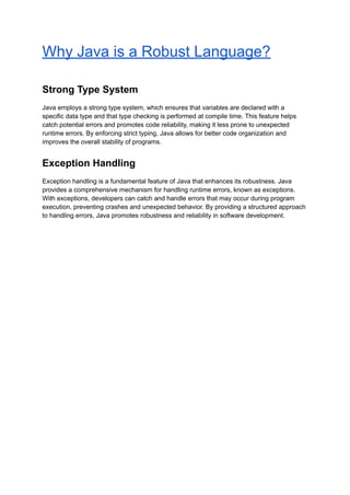 Why Java is a Robust Language | PDF | Programming Languages | Computing