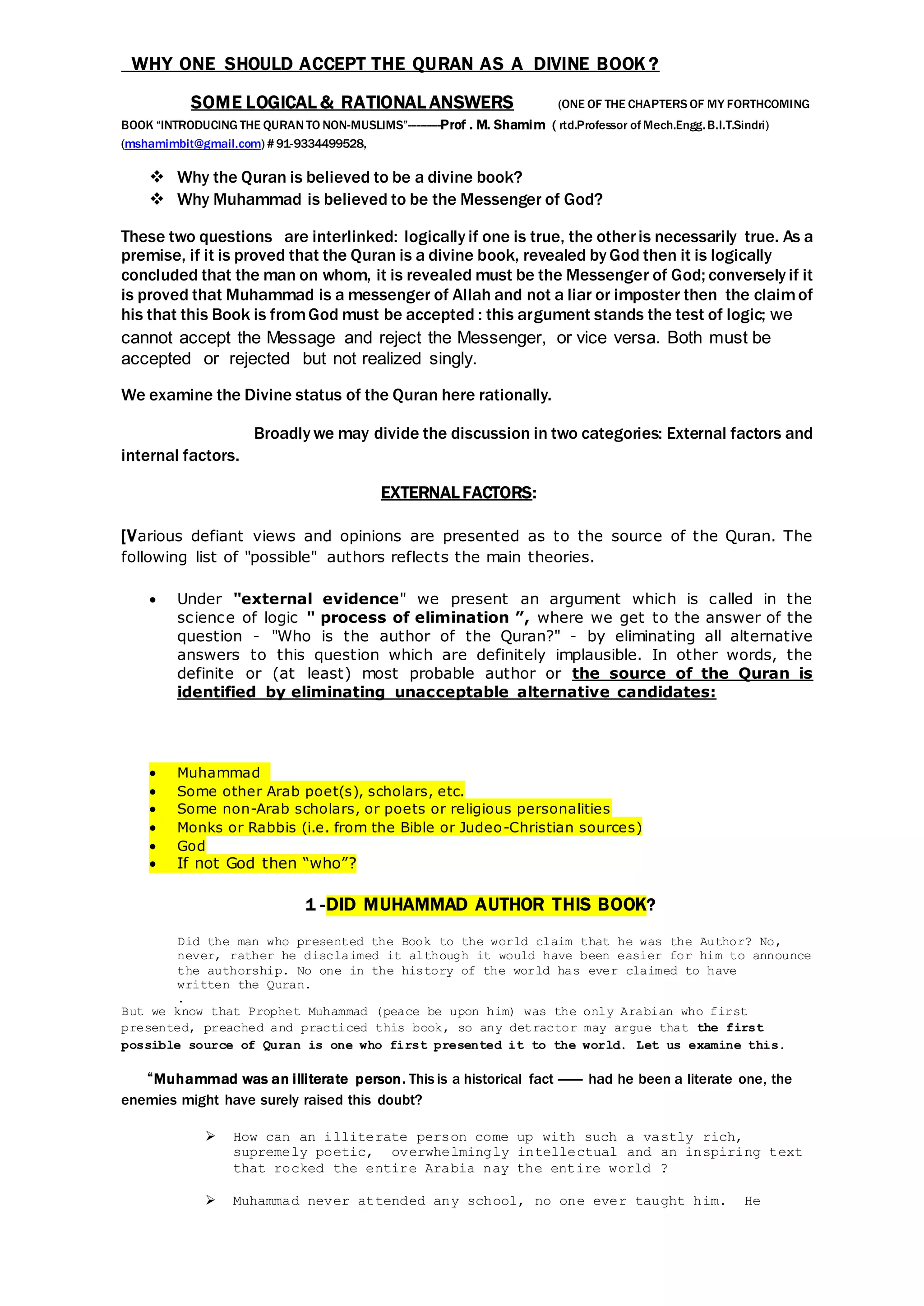 Why one should accept the quran as divine book | DOCX