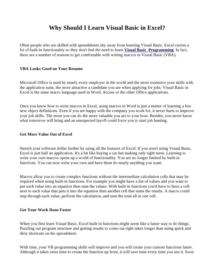 Learning visual basic for excel - dasscribe