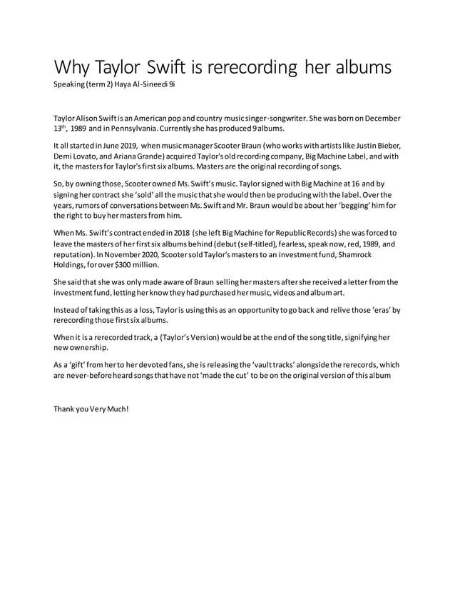 Why Taylor Swift is rerecording her albums | DOCX | Music | Entertainment