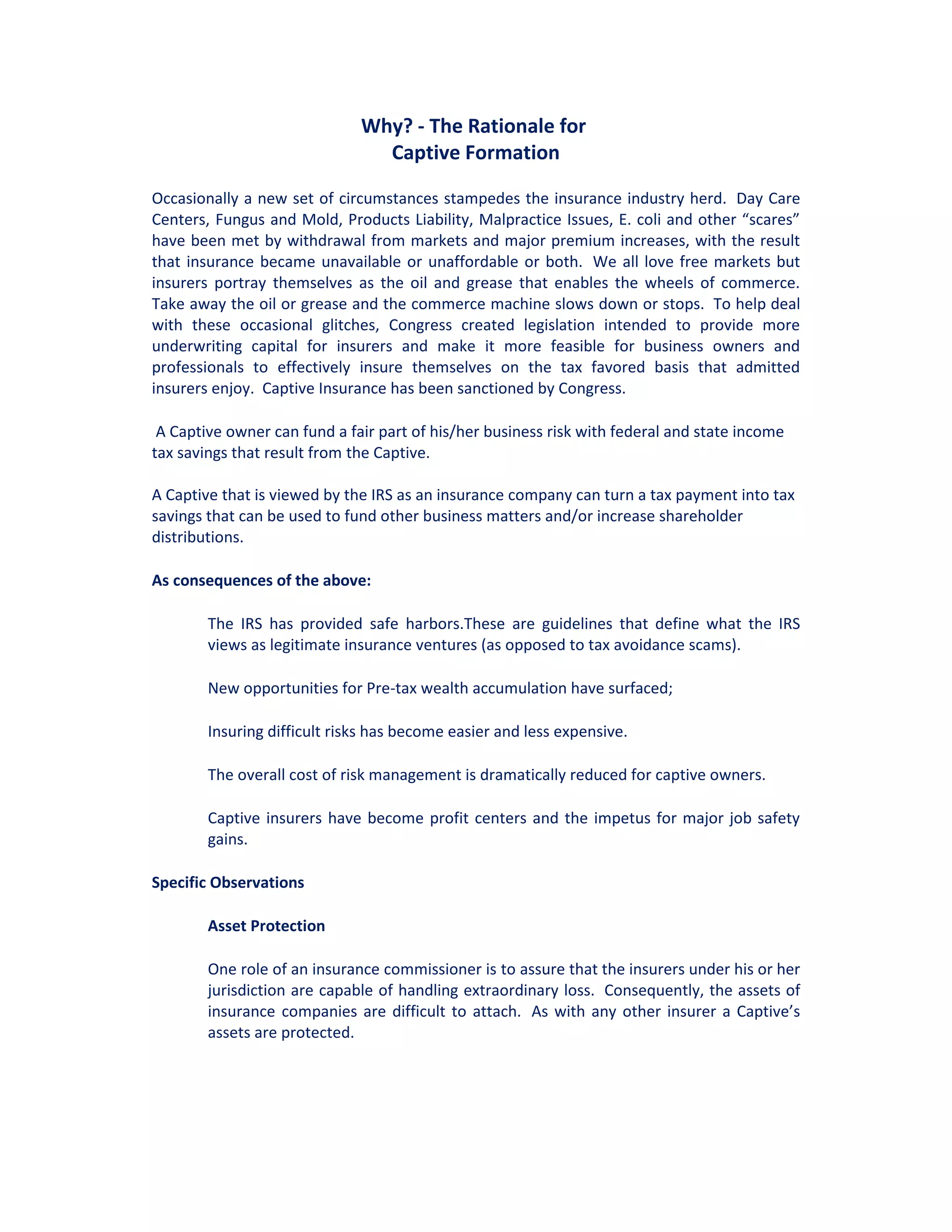 Why the rationale for a captive | DOCX | Pet Insurance | Insurance