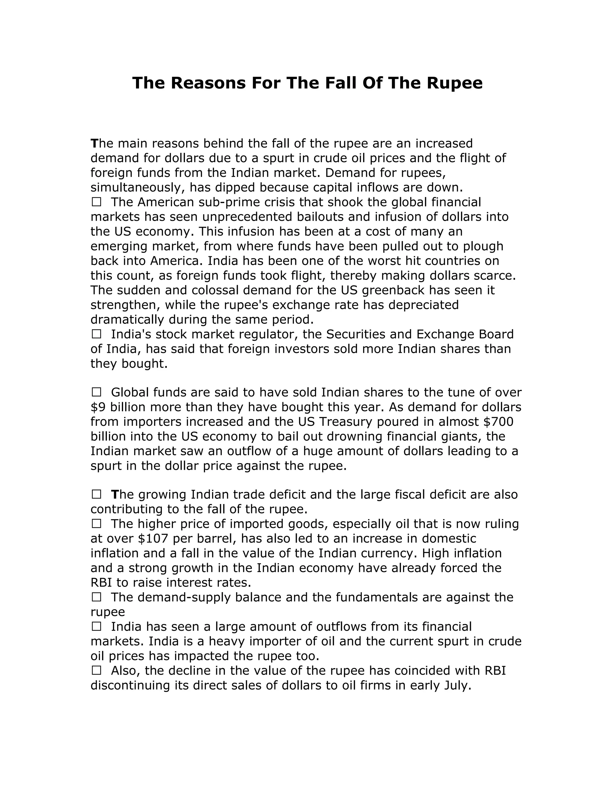 Why the rupee is falling against the dollar | PDF