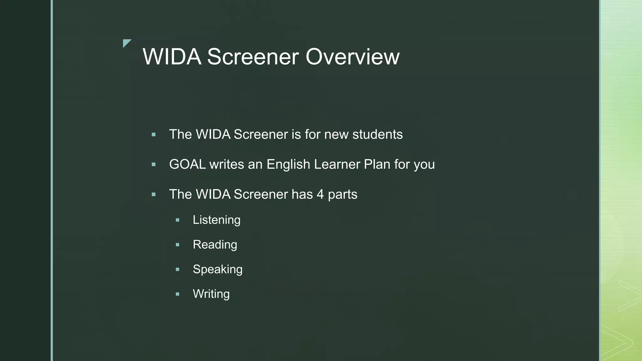 Wida Screener ESL 1 | PPT