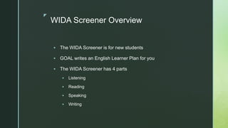 Wida Screener ESL 1 | PPT