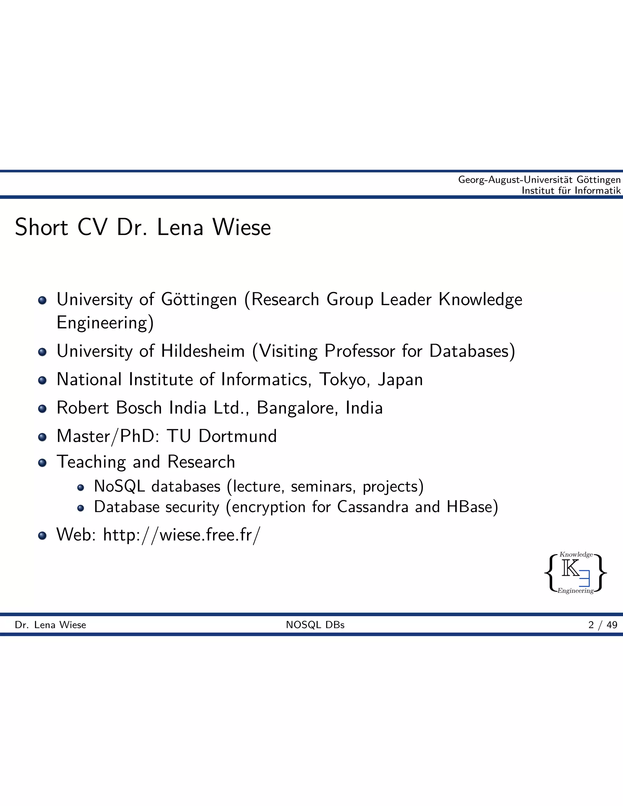 " NoSQL Databases: An Overview" Lena Wiese, Research Group Knowledge ...