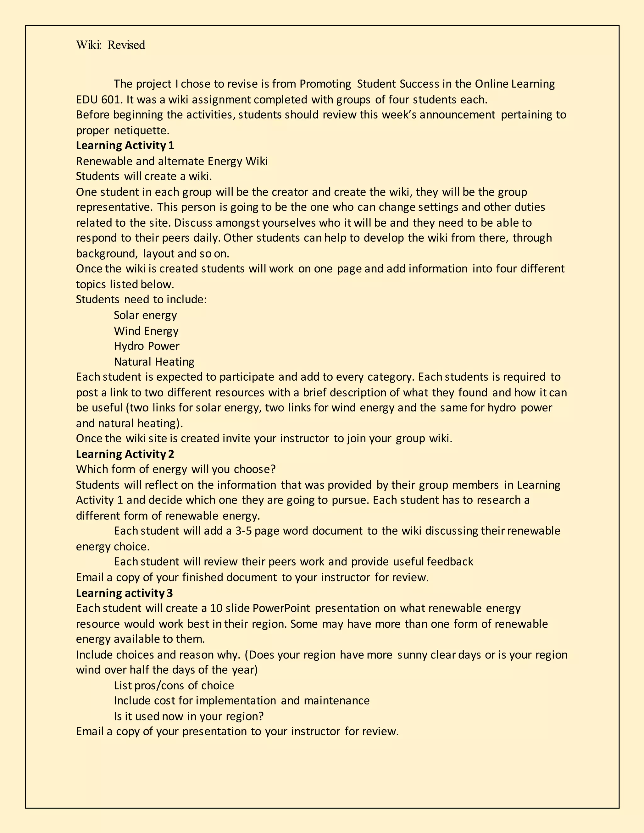 Wiki assignment revised edu 697 week 3 assignment | PDF