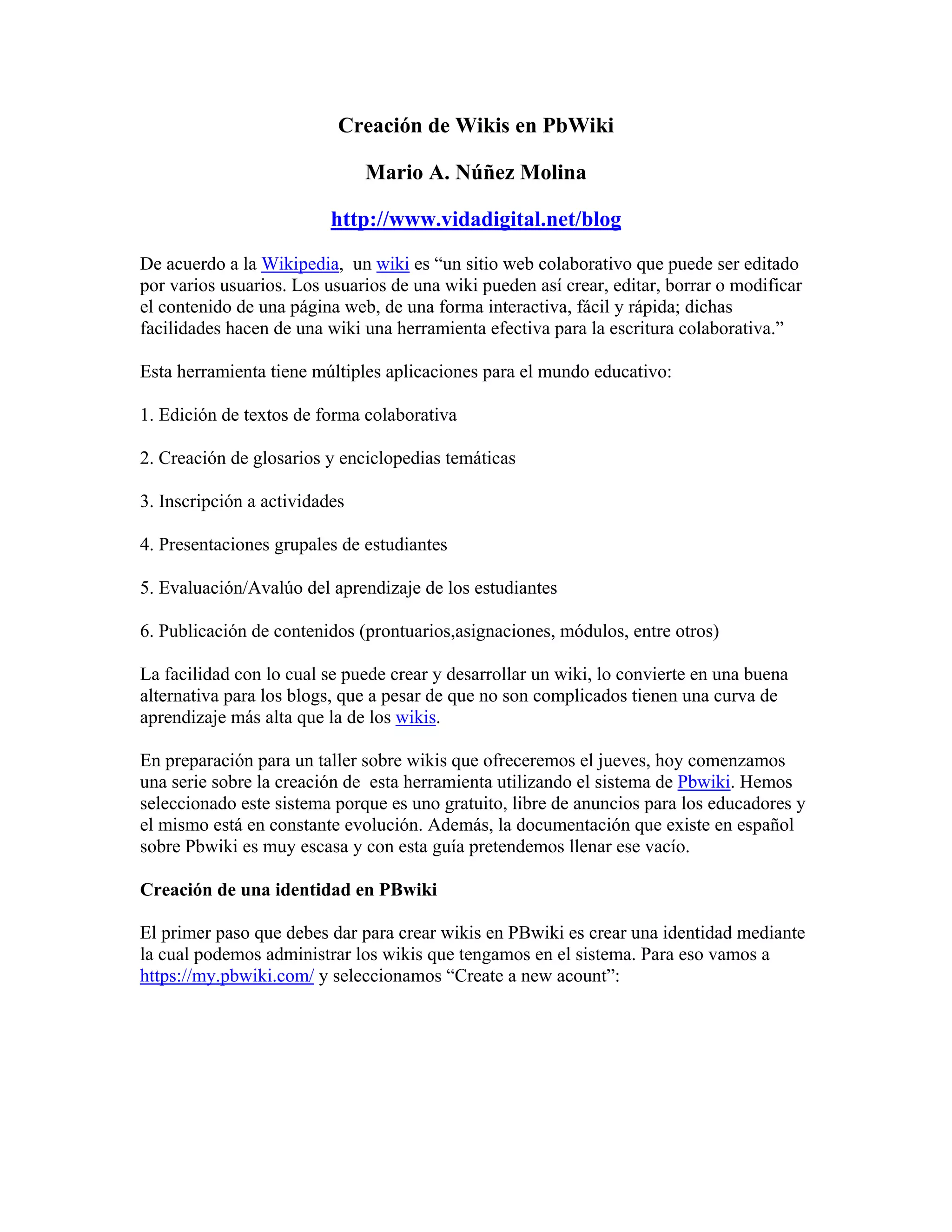 Creación de Wikis en PbWiki | PDF